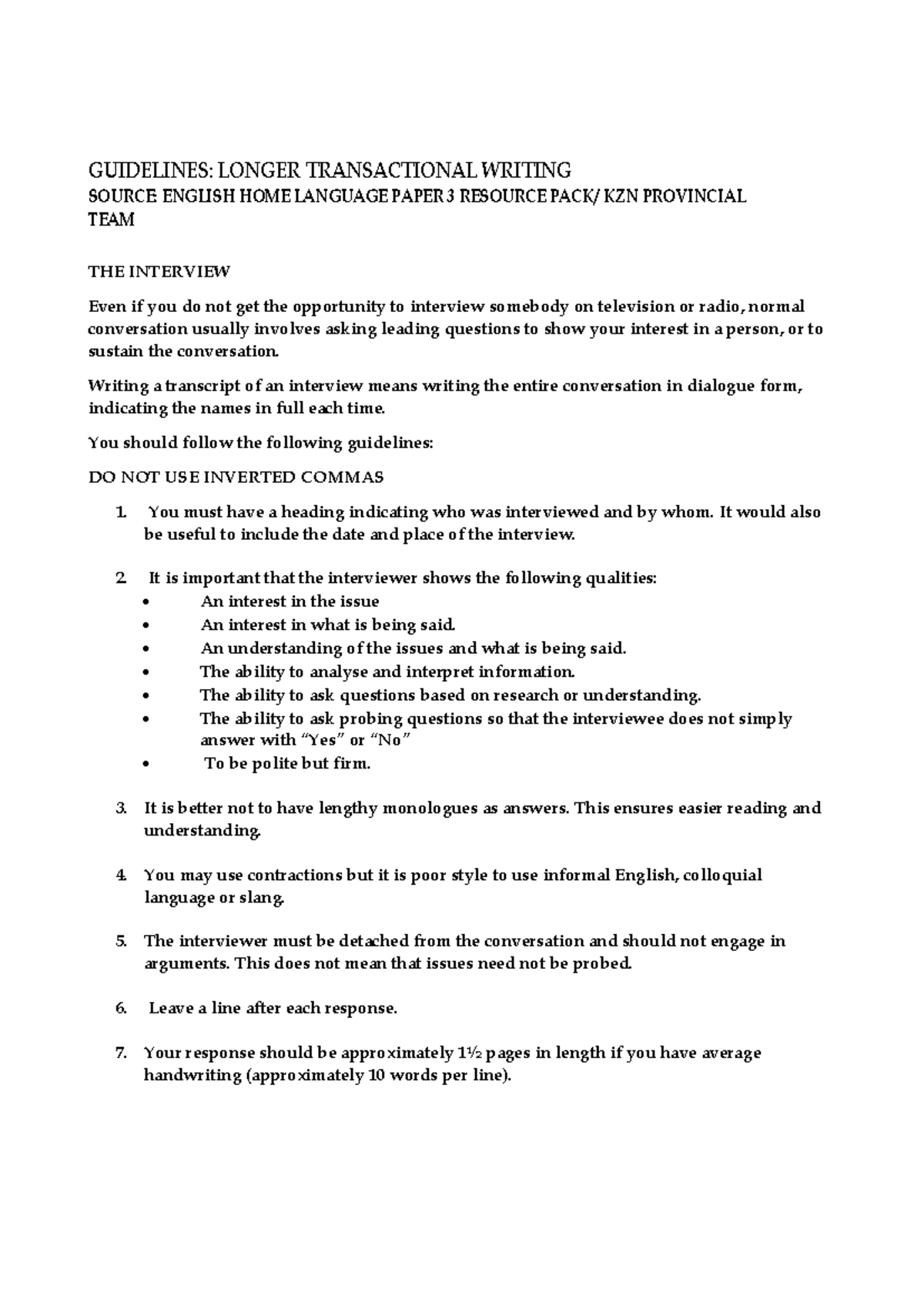 P3 Guidelines for Transactional Writing: The Interview - Studocu