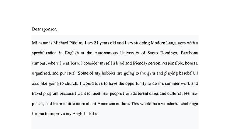 Carta de Presentación de Michael Piñeiro para Programa de Verano - Studocu