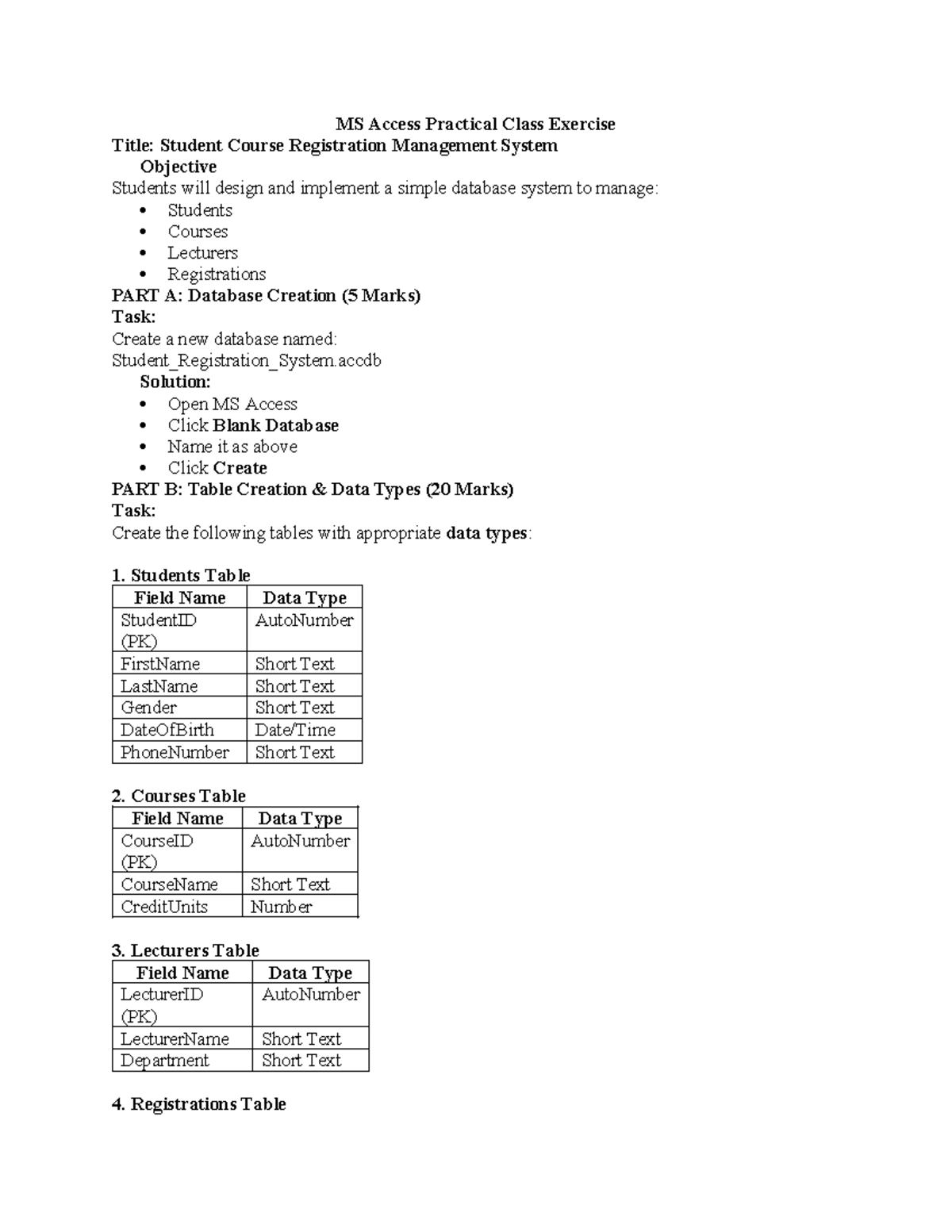 MS Access Practical Class Exercise: Student Course Registration System ...