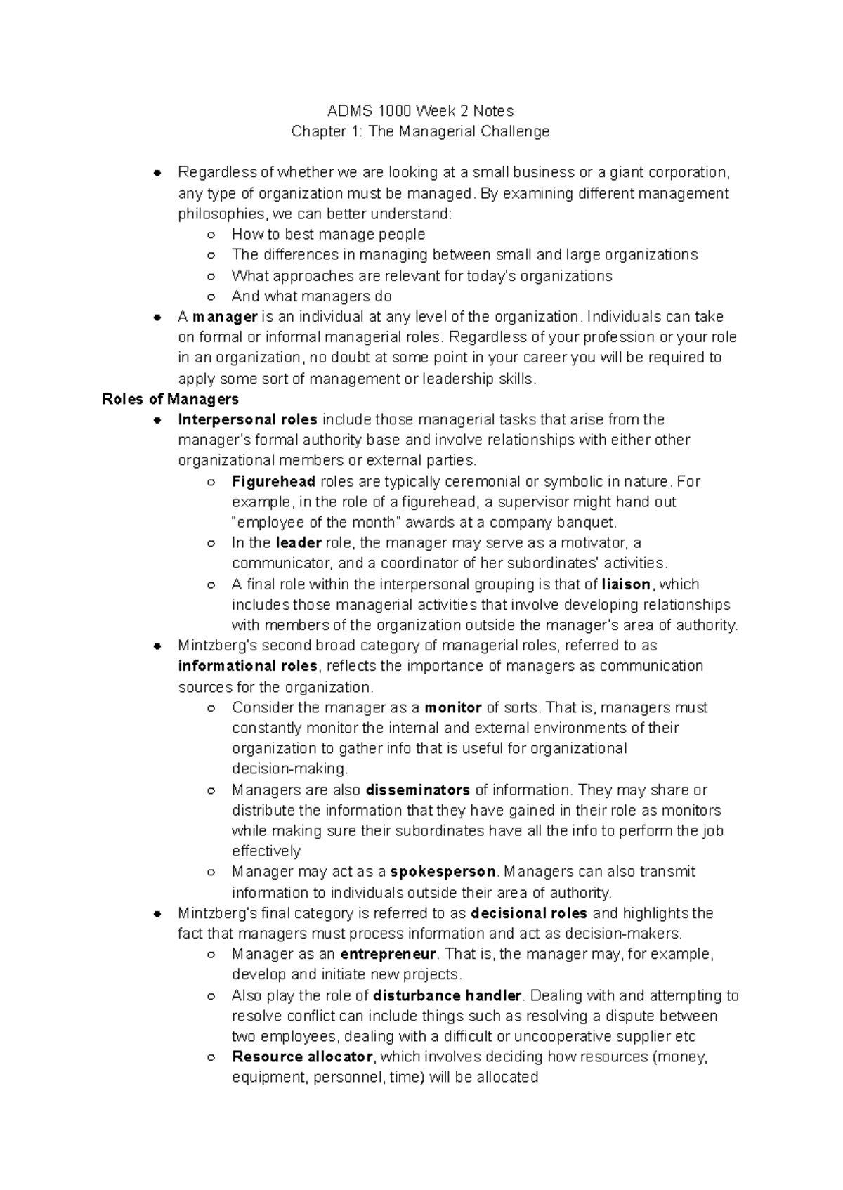 ADMS 1000 Week 2 Notes - ADMS 1000 Week 2 Notes Chapter 1: The ...