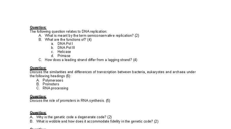 Exam 2024 Sample Questions: DNA Replication, Transcription ...