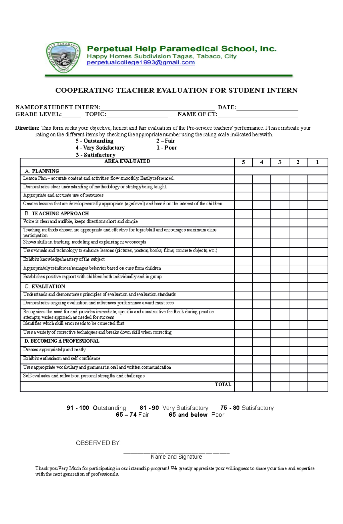 Cooperating Teacher Evaluation Form for Student Interns - Studocu