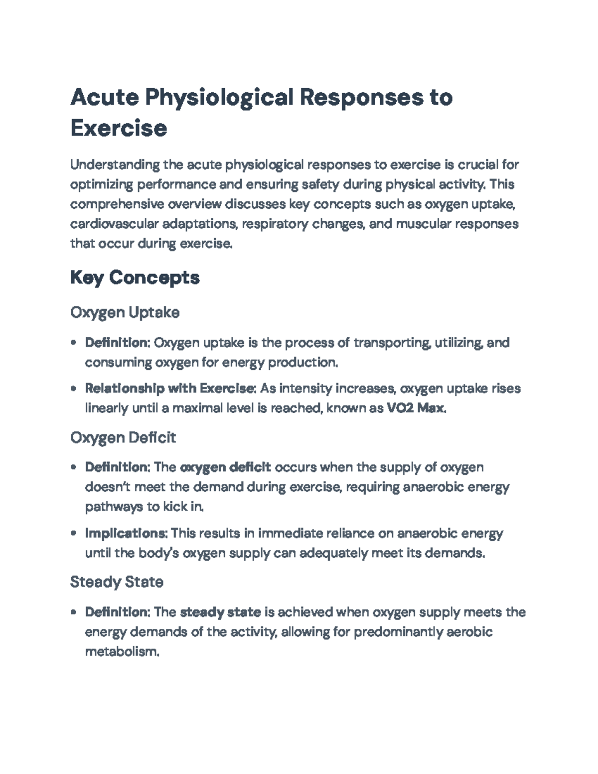 Acute Physiological Responses to Exercise: Key Concepts and Adaptations - Acute Physiological ...