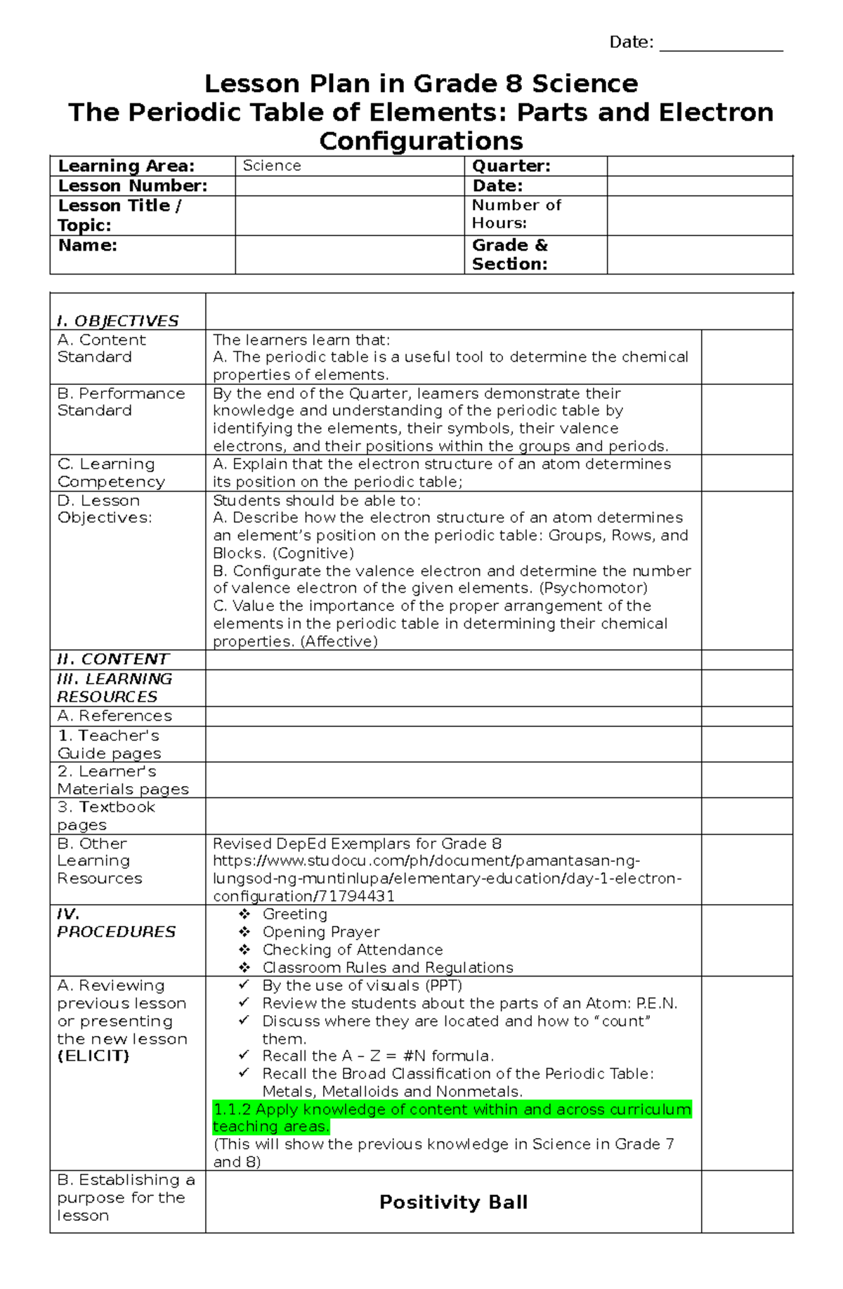Grade 8 Science Lesson Plan: The Periodic Table & Electron ...