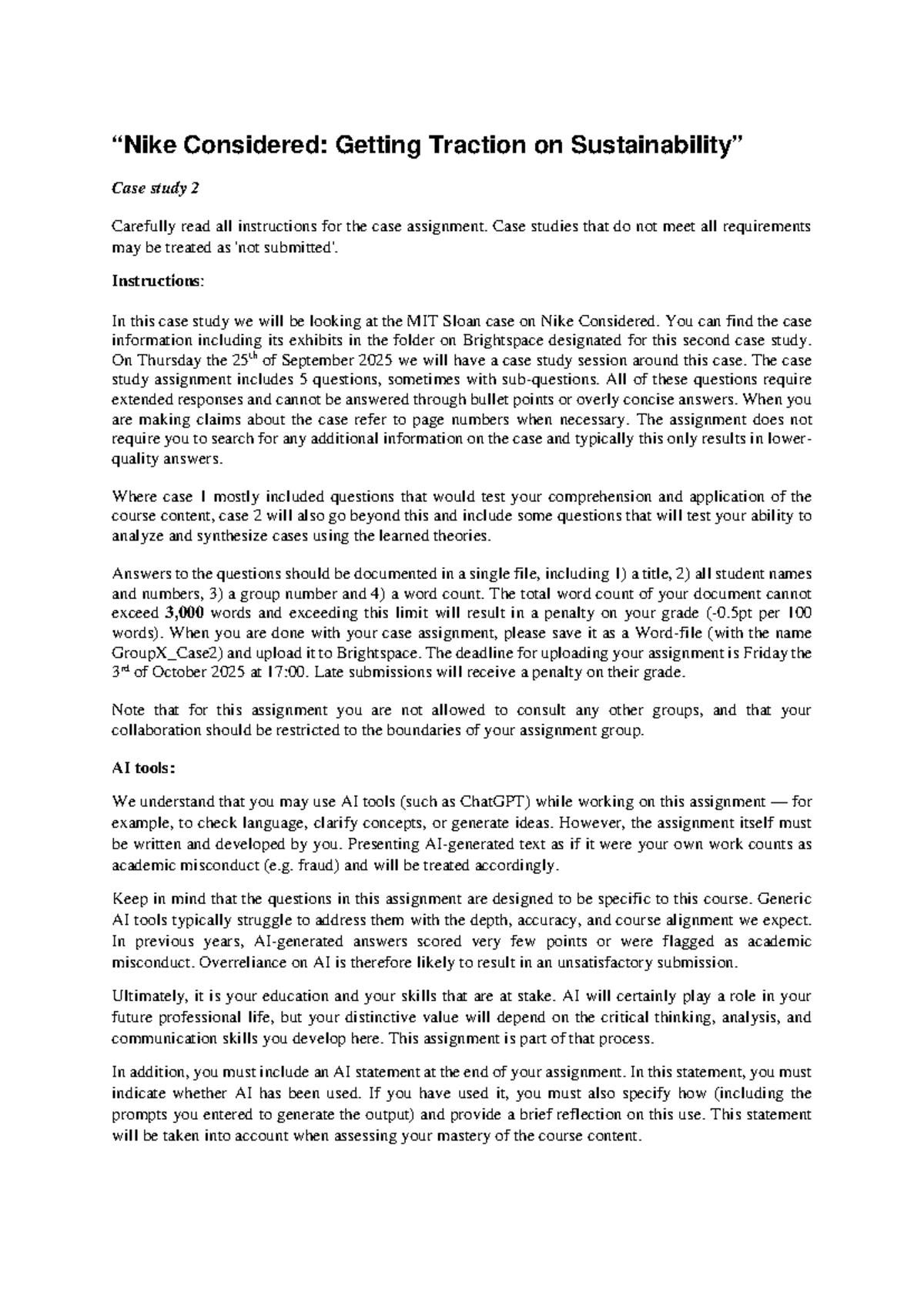 MIT Sloan Case Study 2: Nike Considered Assignment Guidelines - Studeersnel