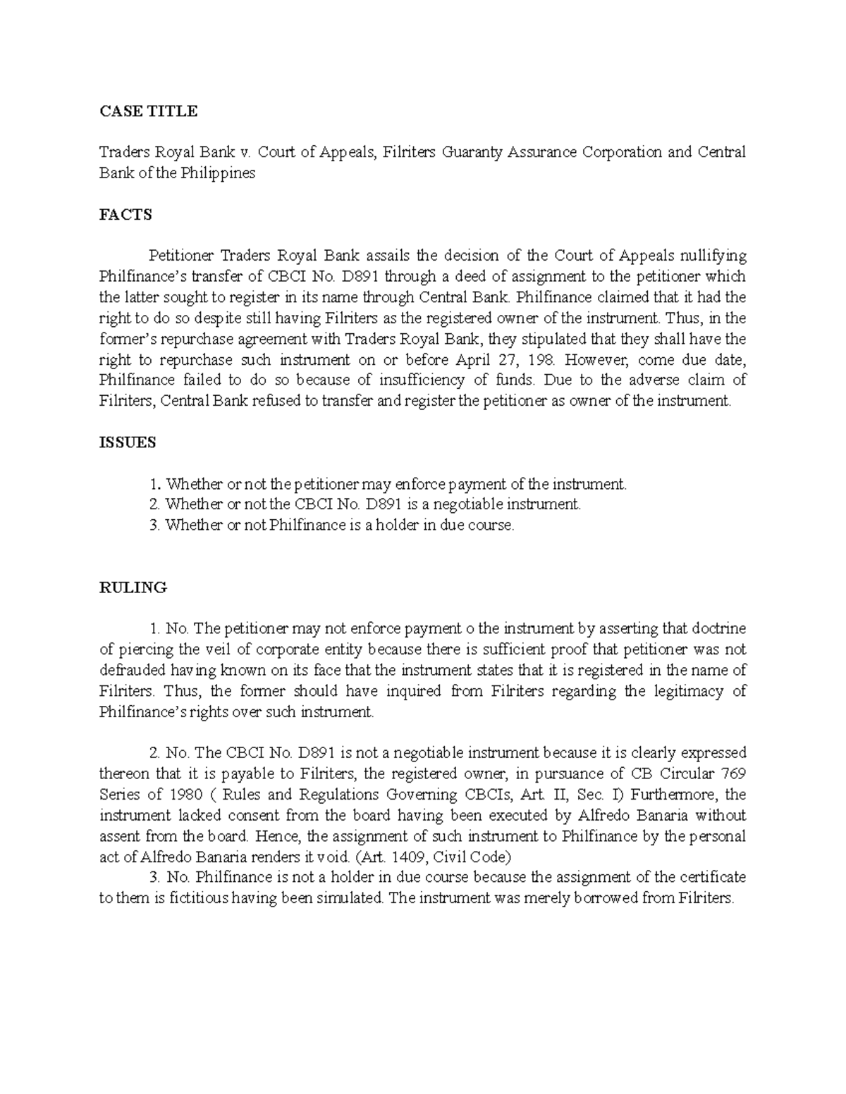 Case Digest, JD2B: Traders Royal Bank v. CA (1997) Analysis and Ruling ...