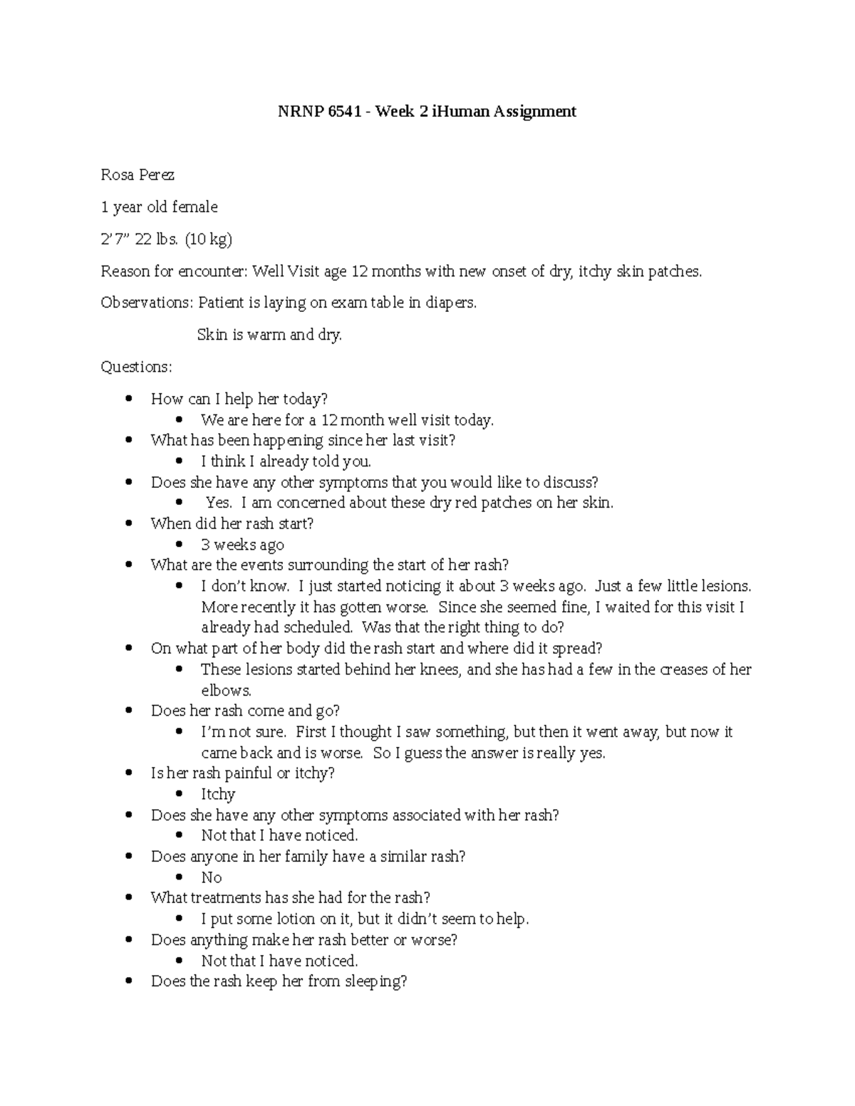 NRNP 6541 Week 2 iHuman Assignment: Rosa Perez (12 Months Old) - Studocu