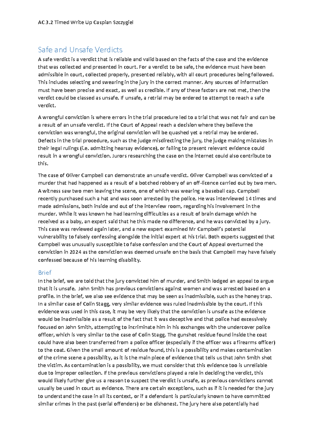 UNIT 3 AC 3.2 Timed Write Up: Safe vs. Unsafe Verdicts Analysis - Studocu