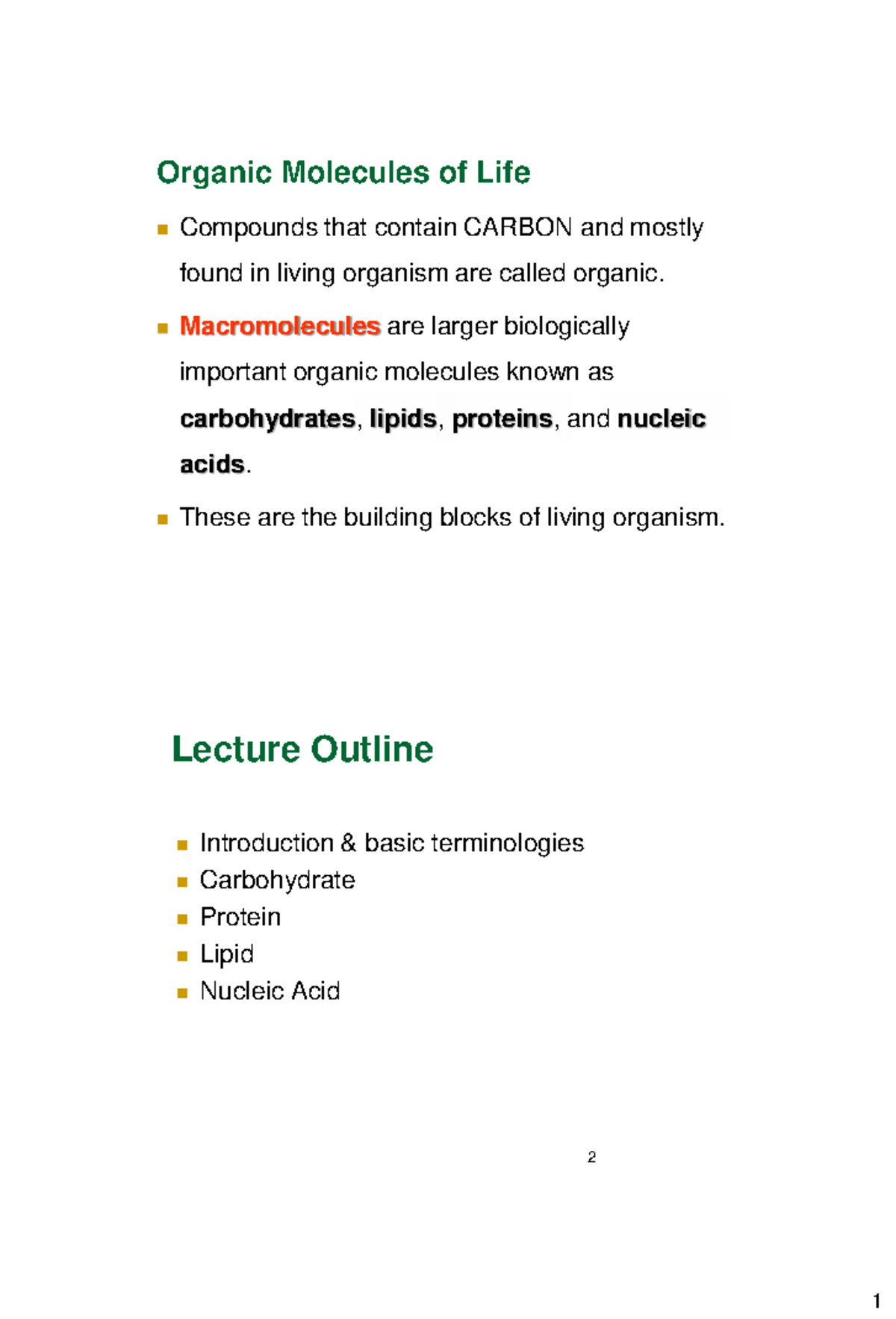 BIO103 FALL 2021 Lecture: Organic Molecules of Life Overview - Studocu