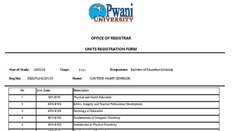 Print Unit Registration Form - Year of Study: No Unit Code Description ...