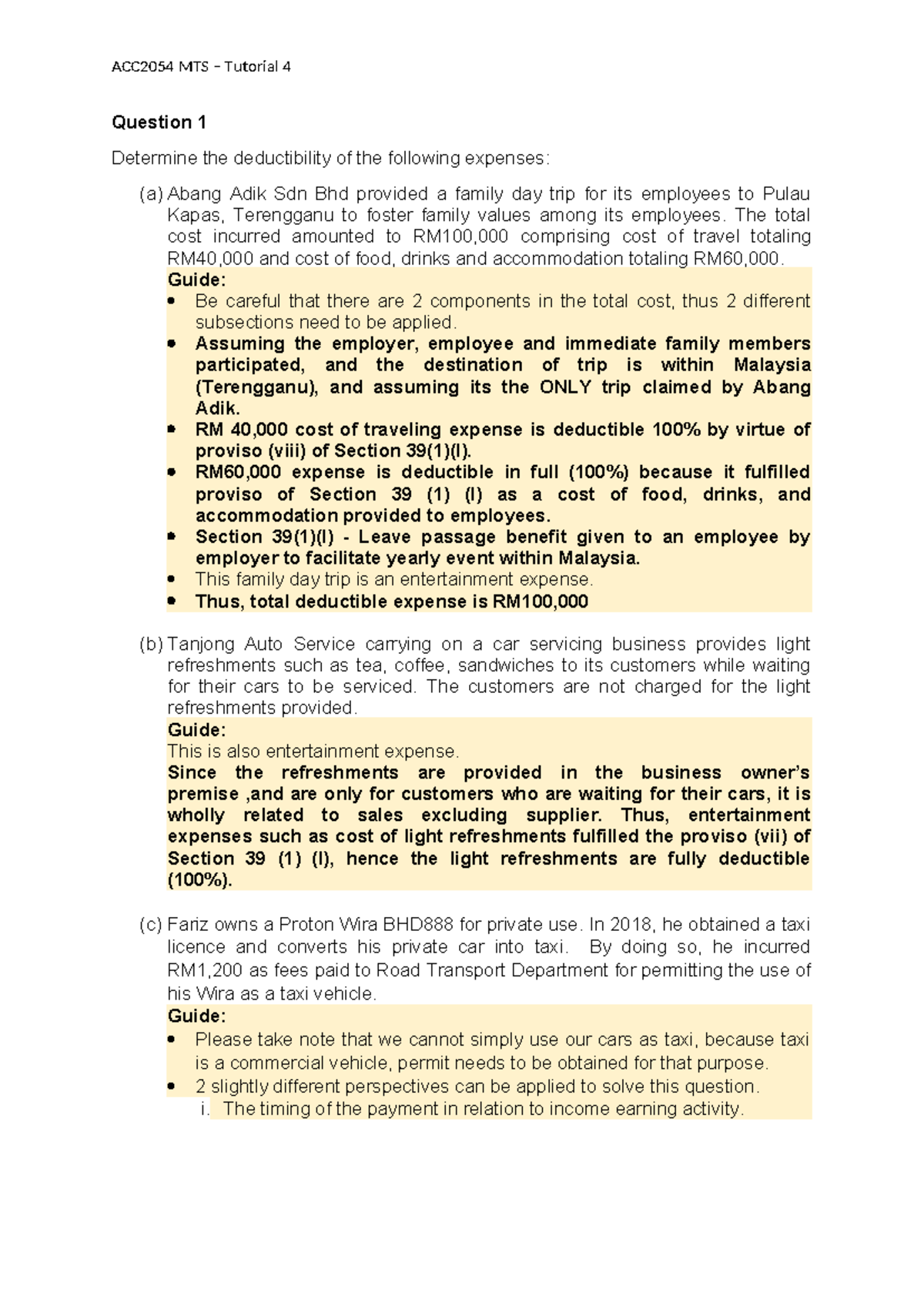 ACC2054 MTS Tutorial 4 Questions on Expense Deductibility Analysis ...