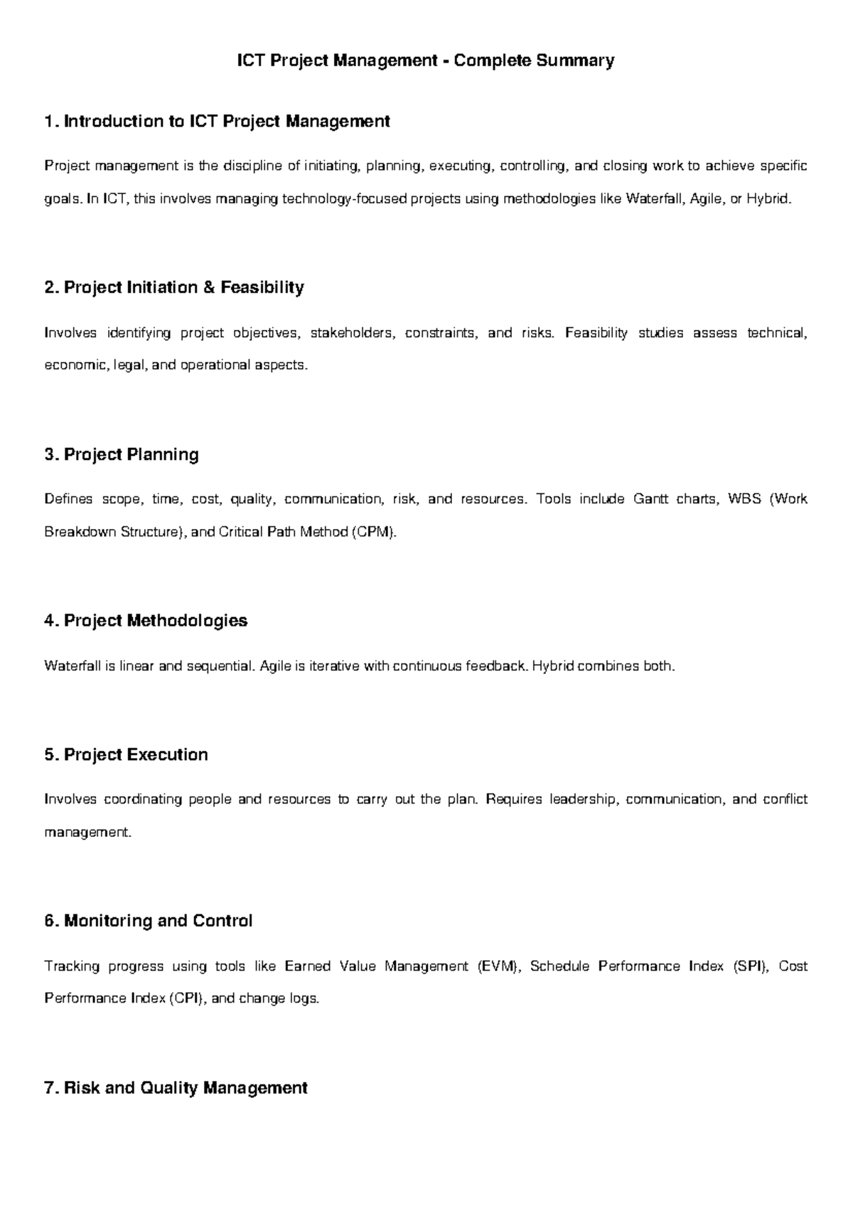 ICT Project Management summary: key concepts and methodologies - Studocu