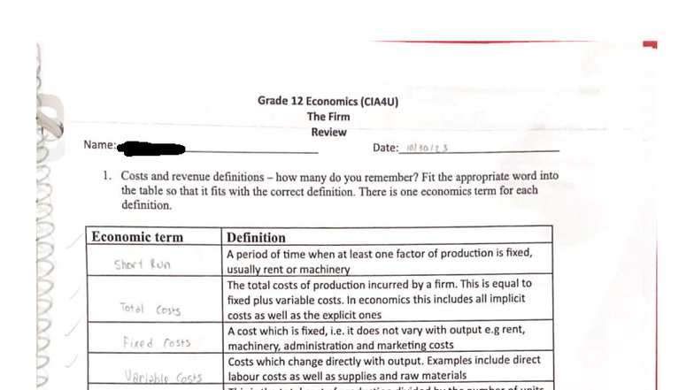 Grade 12 Economics (CIA4U) The Firm Review and Key Concepts - Studocu