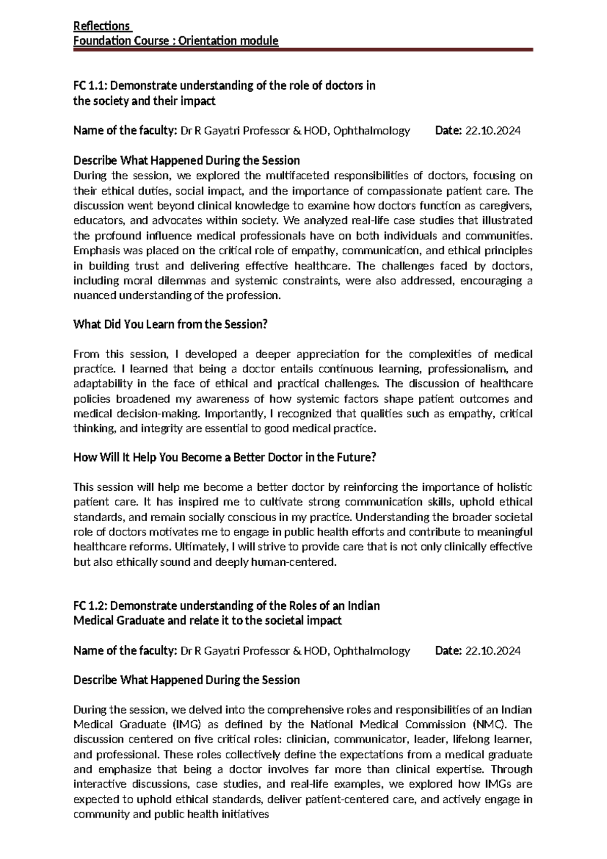 Reflections Foundation Course: Understanding Doctor's Roles in Society ...