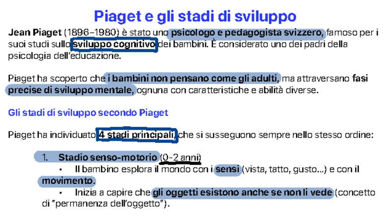 Riassunto su Piaget e gli Stadi di Sviluppo Cognitivo - Studocu