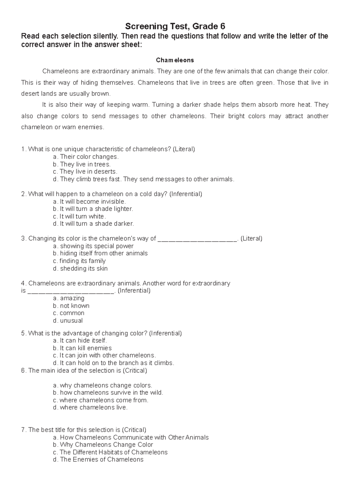 Phil 101: Grade 6 English Group Screening Test on Chameleons & Eagles ...