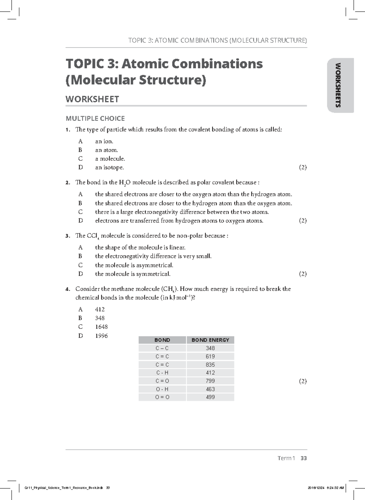 Grade 11 Physical Science Term 1: Atomic Combinations Worksheets - Studocu