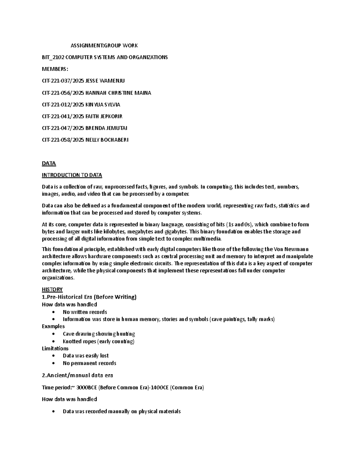 Group Work: BIT_2102 Computer Systems & Organizations - Data Overview ...