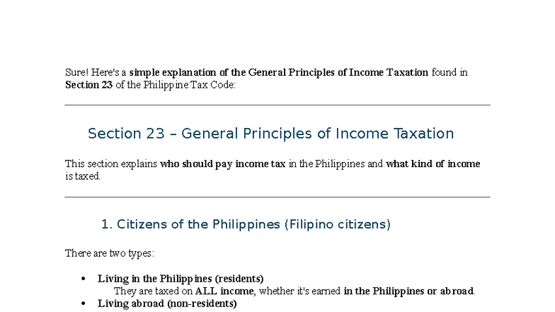 General Principles of Income Taxation (Tax Code Sec. 23) - Studocu