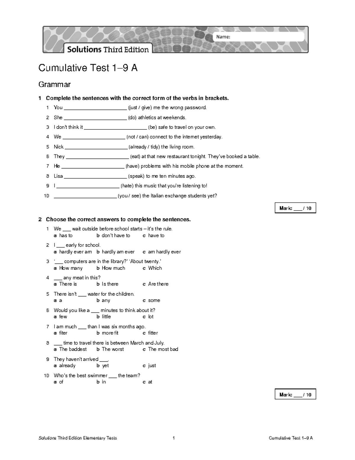 Cumulative Test A: Grammar and Vocabulary Solutions for Elementary ...