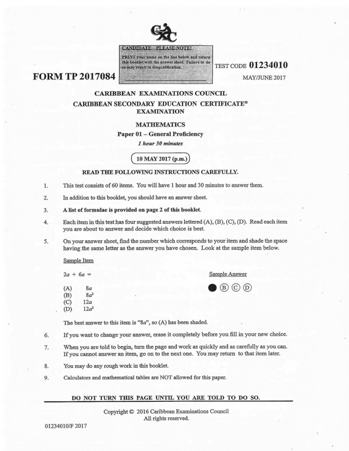 Maths PP2017 P1 - Caribbean Secondary Education Exam Past Paper - Studocu