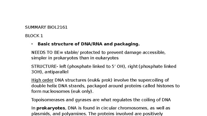 Summary of BIOL2161 Block 1: DNA Structure, Replication, and Repair ...