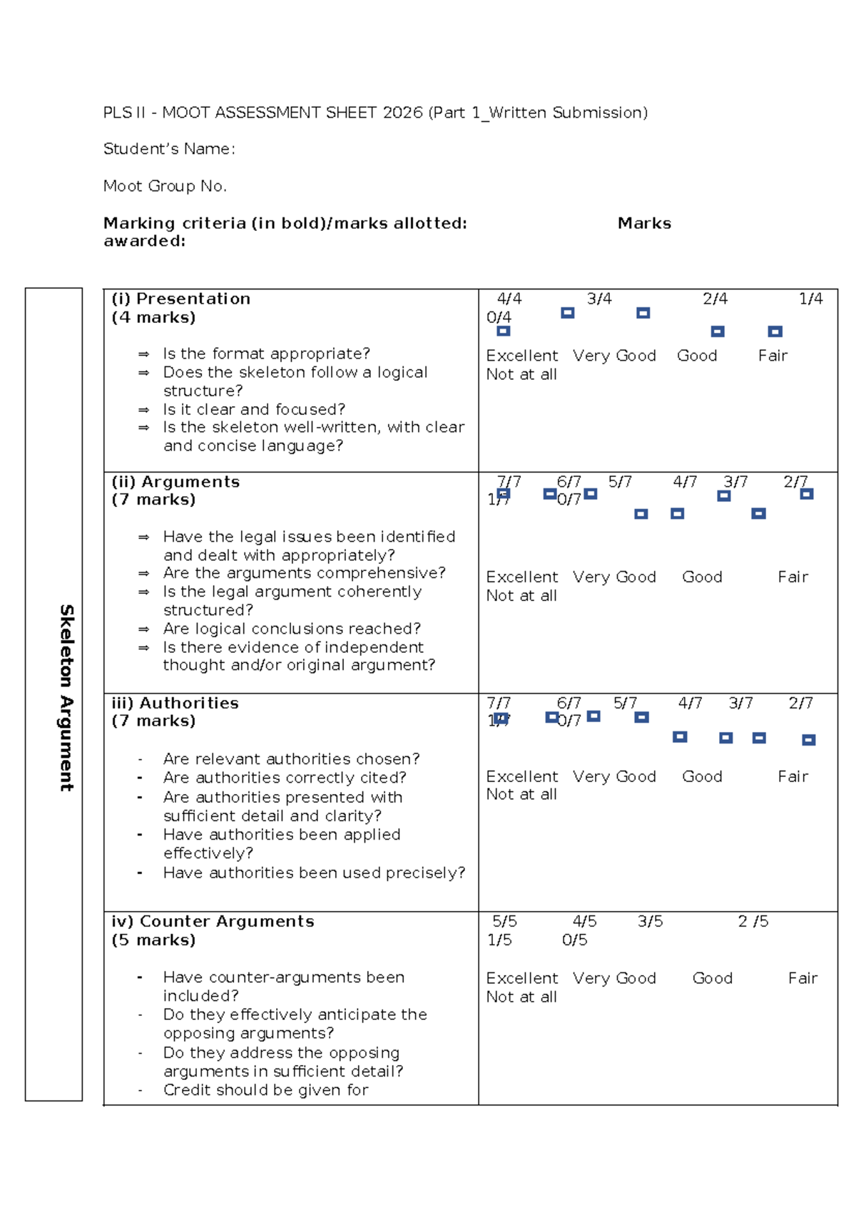 PLS II Moot Assessment Sheet 2026: Part 1 Written Submission Guide ...