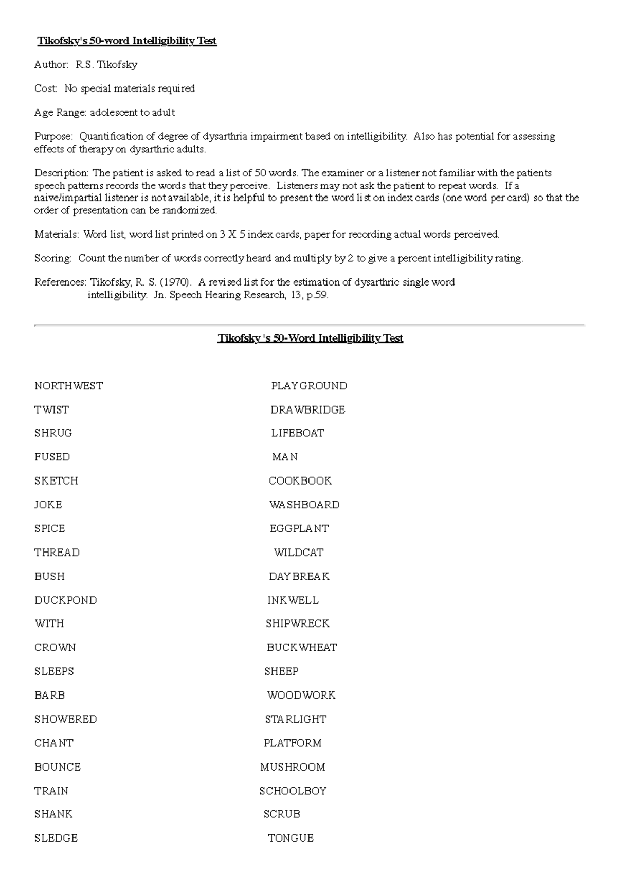 Assessment of Tikofsky's 50-Word Intelligibility Test - Studocu