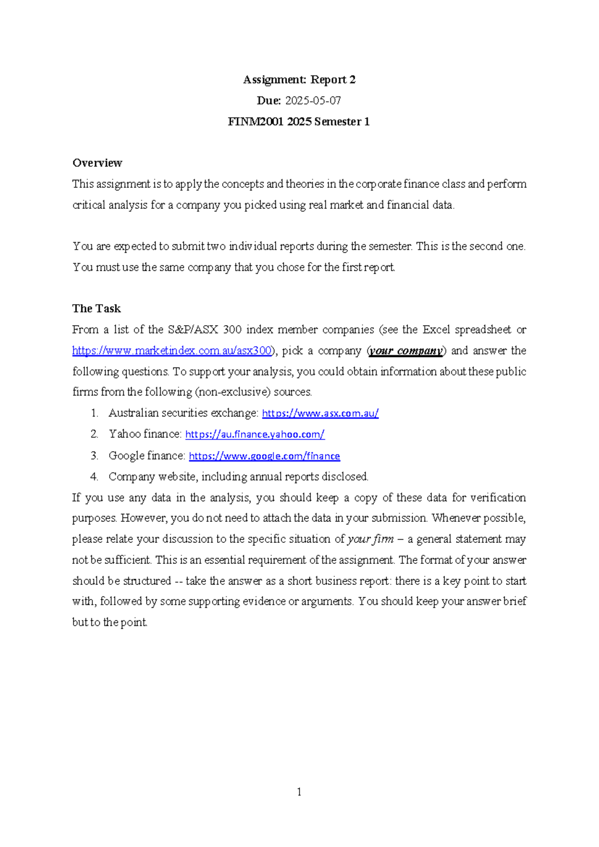 Assignment Corporate Finance 2025 S1 R2 - Assignment: Report 2 Due: 2025-05- FINM2001 2025 ...