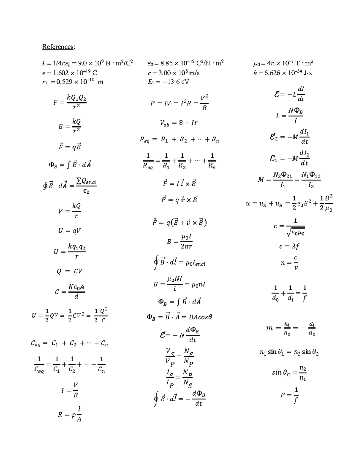 Equation Sheet - References: k = 1/4πε 0 = 9 × 10 9 N ∙ m 2 /C 2 ε 0 ...