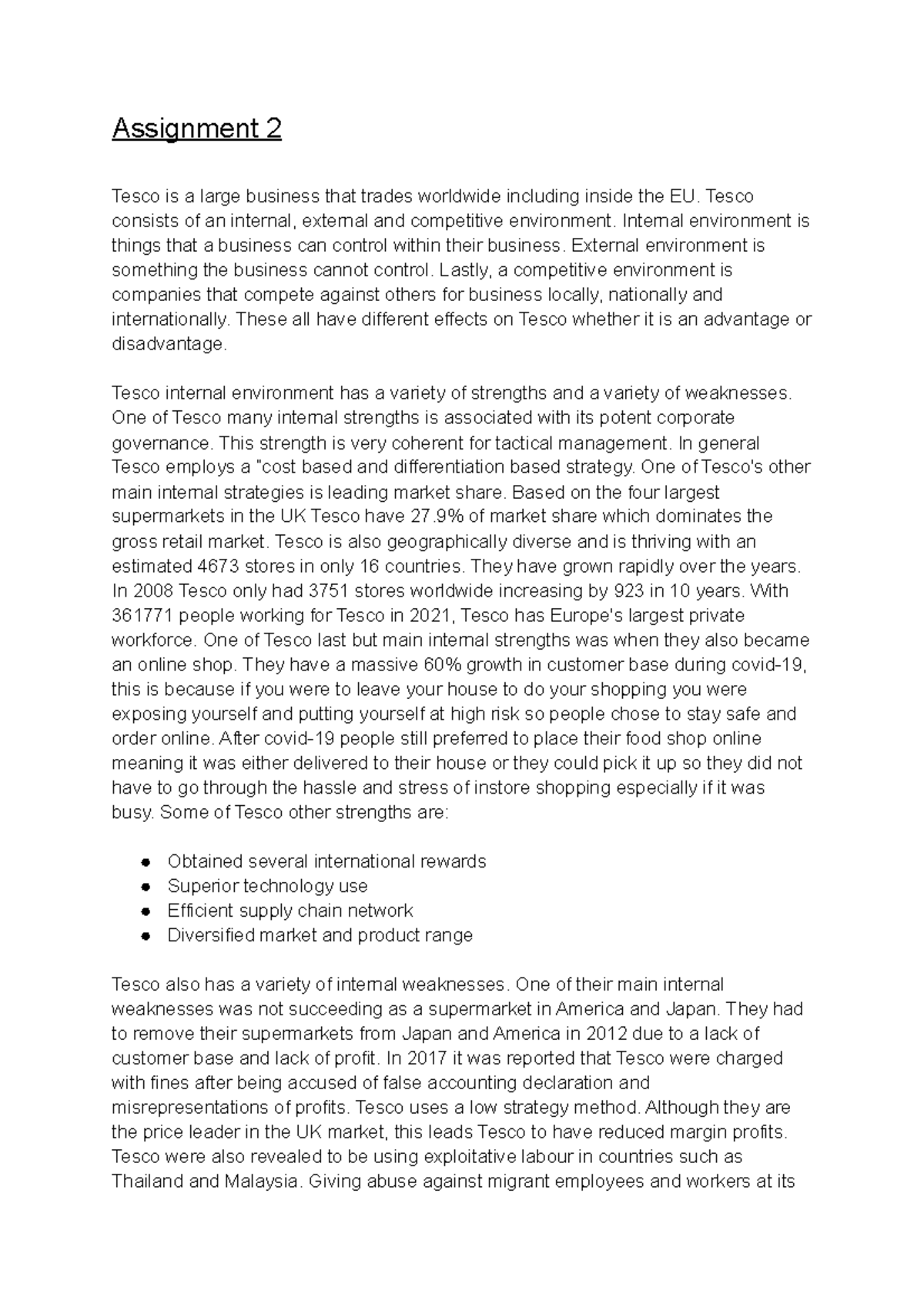 Assignment 2: Internal & External Analysis of Tesco's Business ...