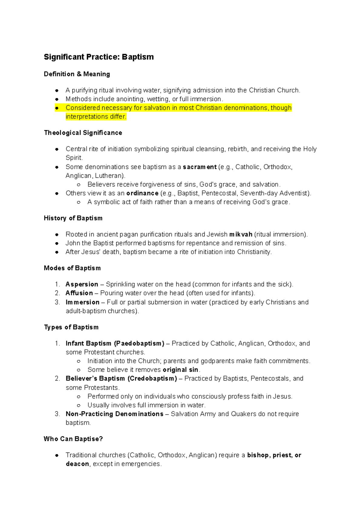 Baptism: Definition, Significance, and Practices - 5 Page Summary - Studocu
