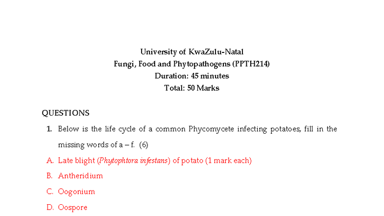 PPTH214 Test 2 Memo: Fungal Pathogens and Disease Control - Studocu