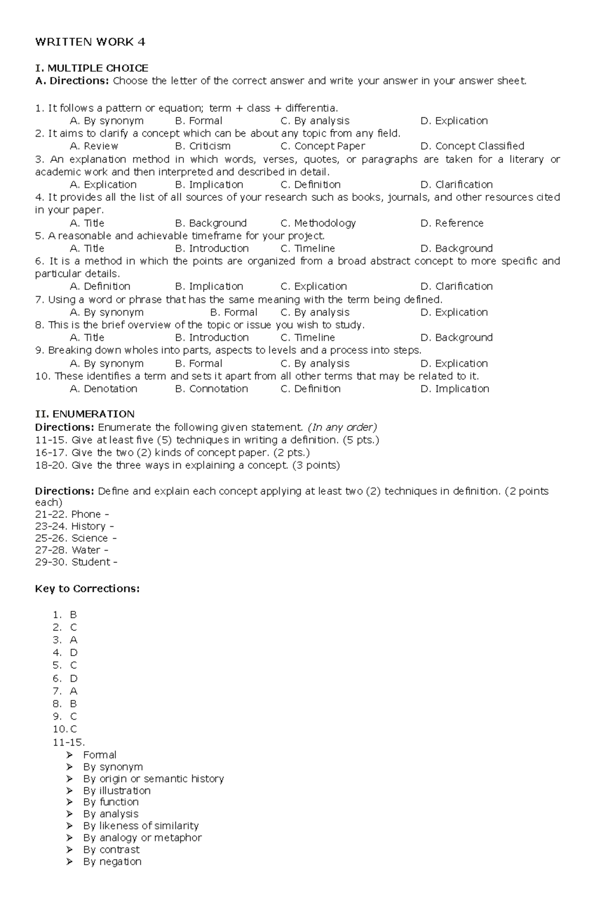 Written Work 4: MCQs & Definitions in Curriculum & Pedagogy - Studocu