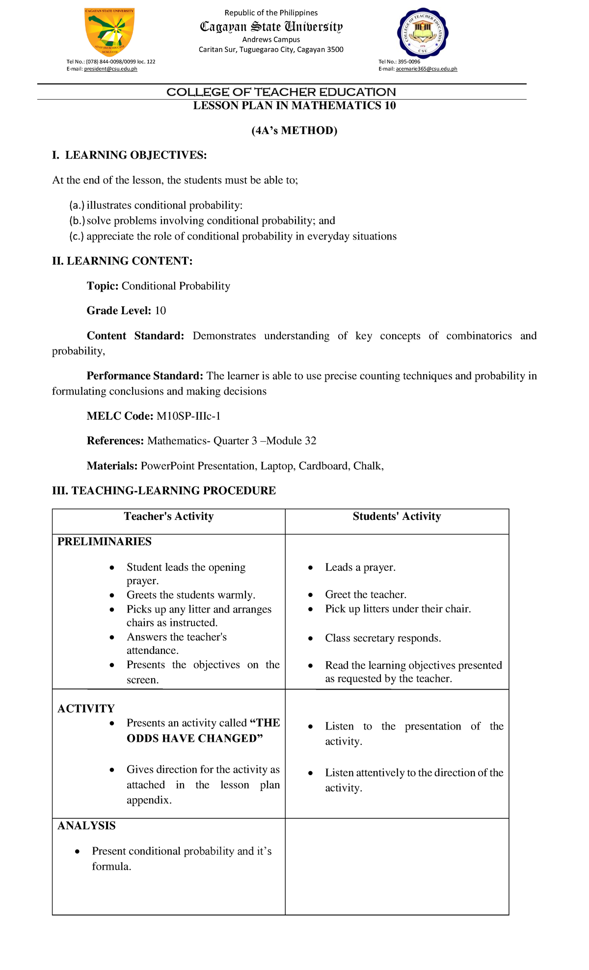Mathematics 10 Lesson Plan: Conditional Probability (DLP-G10) - Studocu