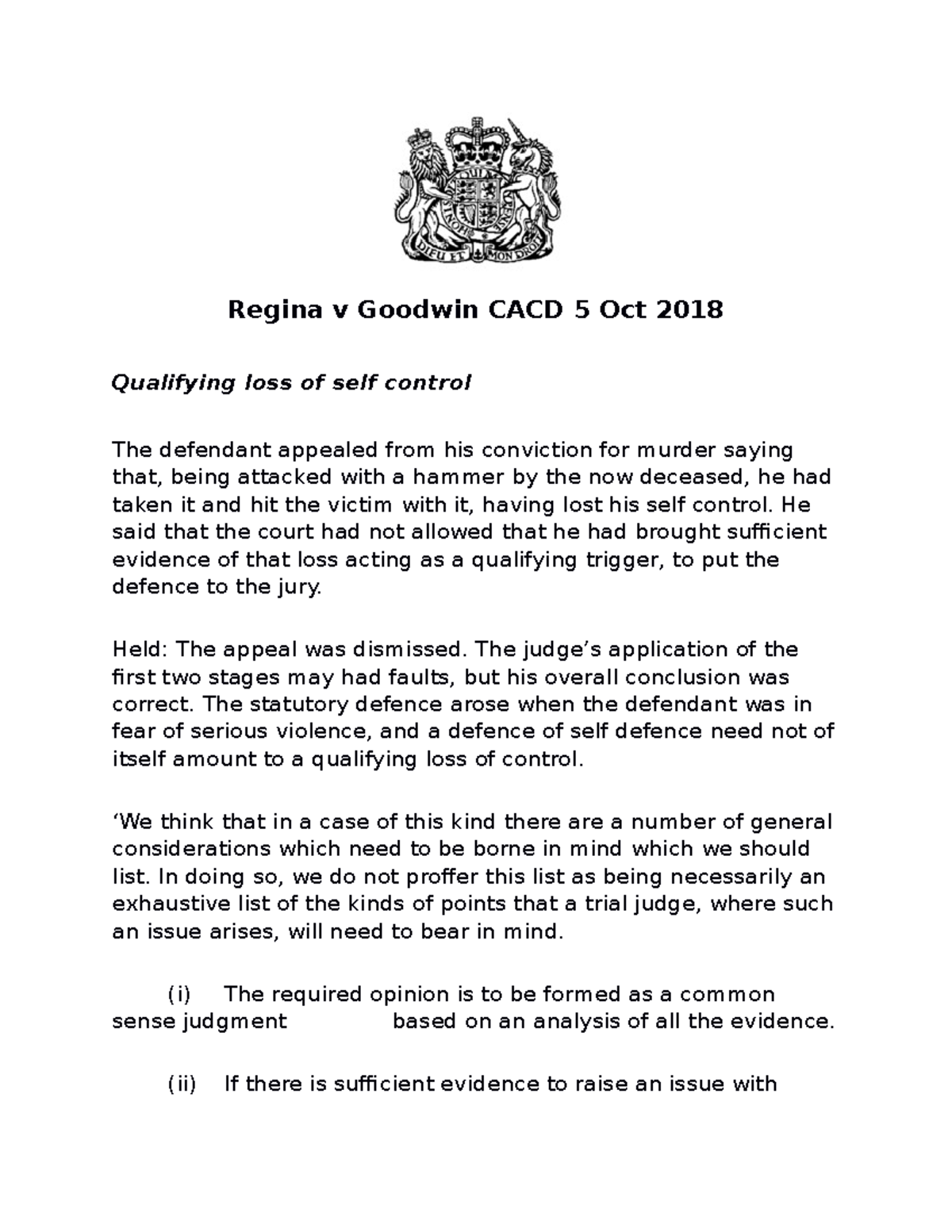 R v Goodwin: Appeal on Loss of Self-Control in Murder Case [2018] - Studocu