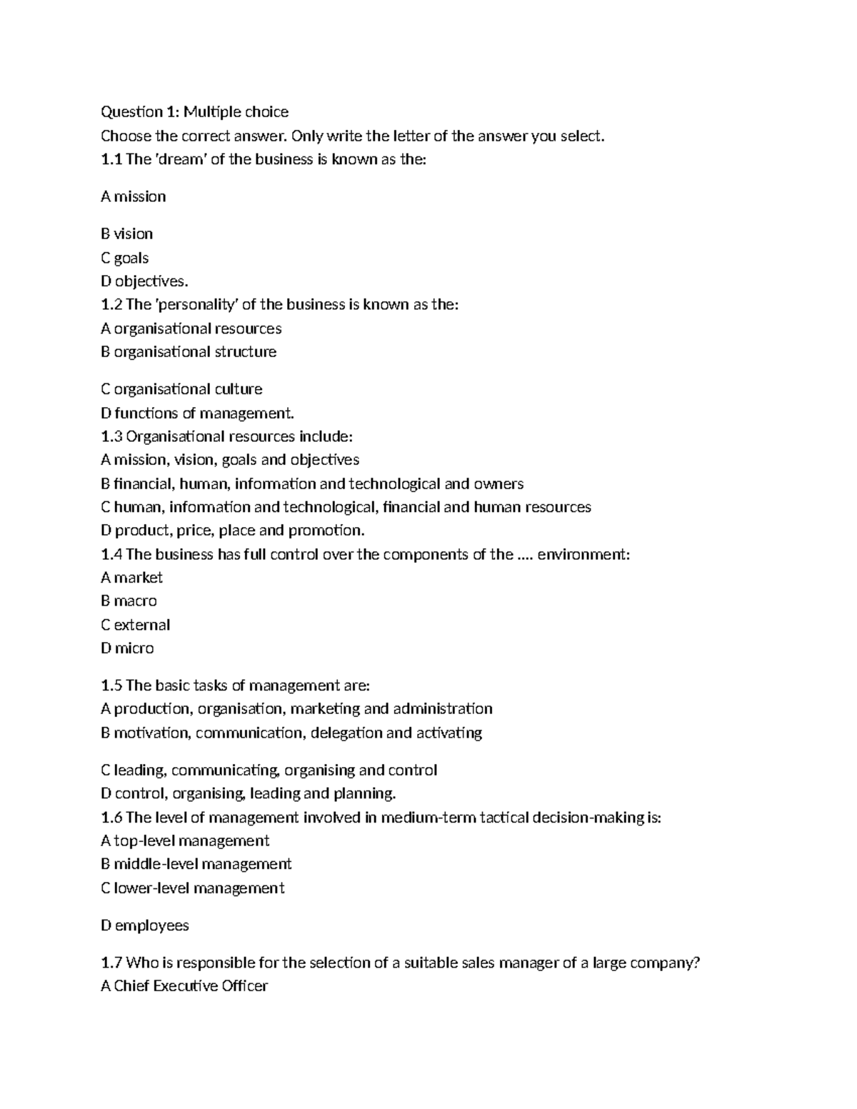 Gr10 Business Studies Test 1 - Multiple Choice & True/False Questions ...