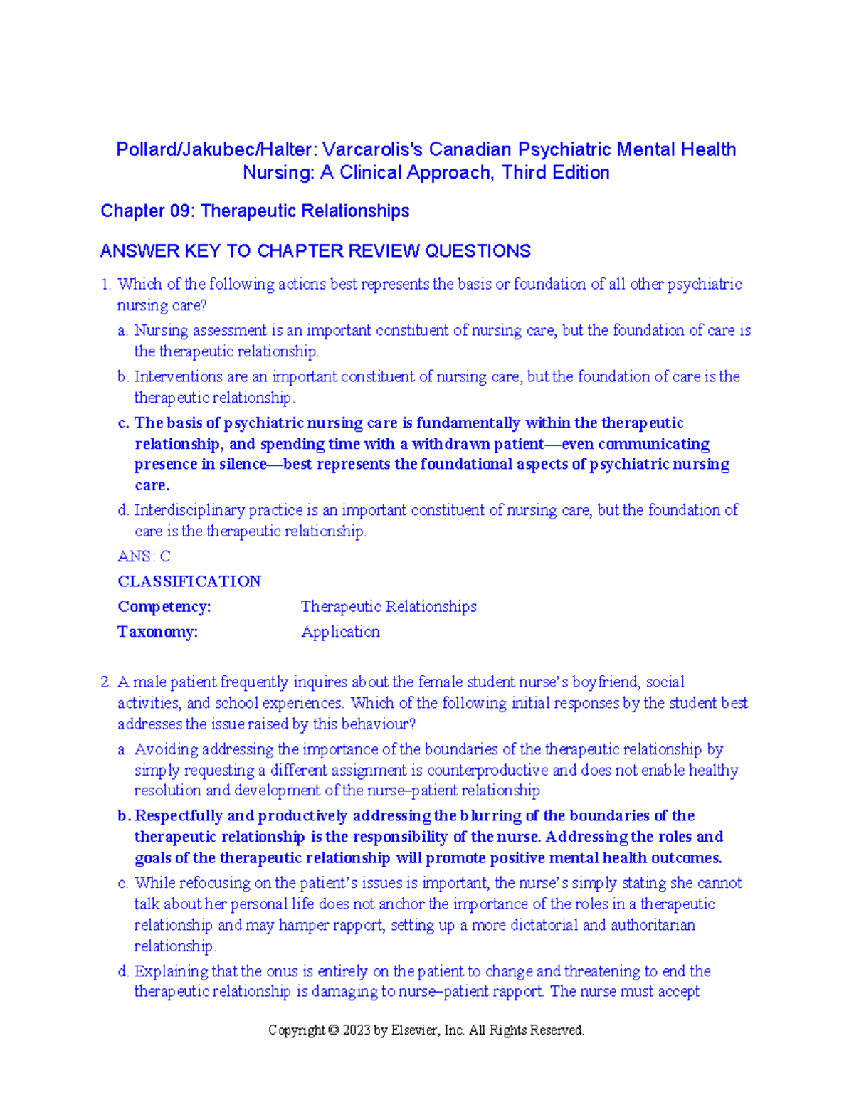 Canadian Psychiatric Mental Health Nursing: Chapter 09 Review Answers ...