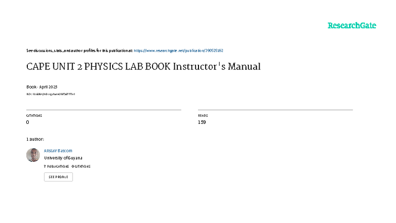 CAPE Unit 2 Physics Lab Book: Comprehensive Instructor's Manual - Studocu