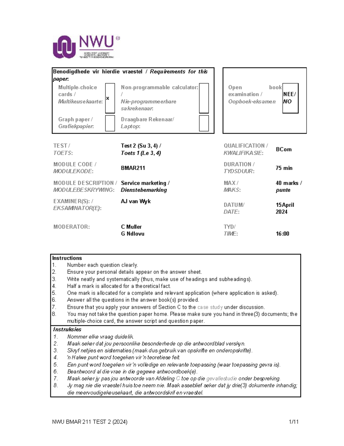 NWU BMAR 211 TEST 2 (2024) - Requirements and Guidelines - Studocu