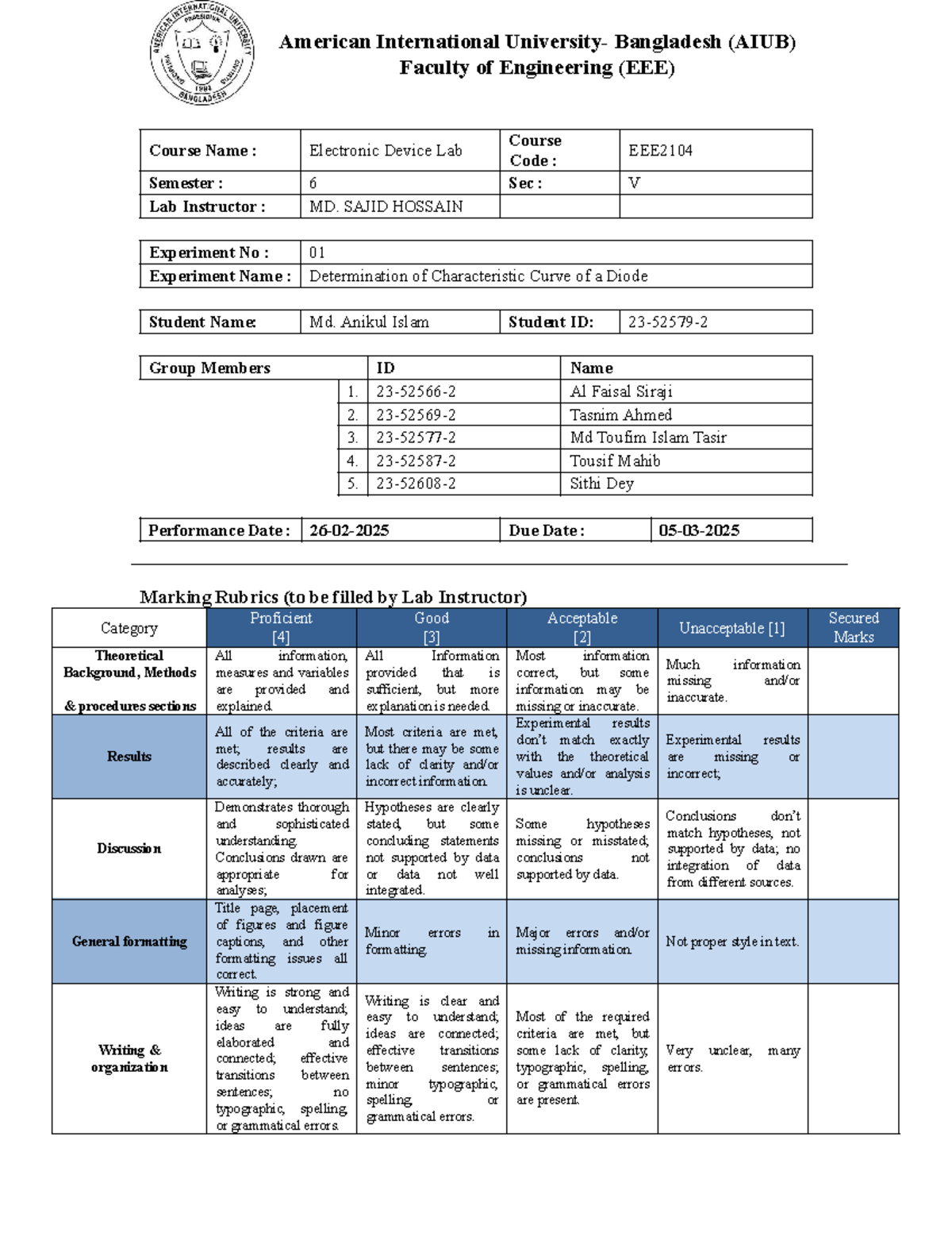 Electronic Device Lab (EDL) Experiment 1: Diode Characteristic Curve ...