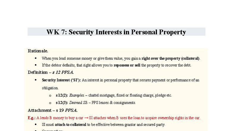 LLB204 - Tutorial WK 7: Security Interests in Personal Property - Studocu