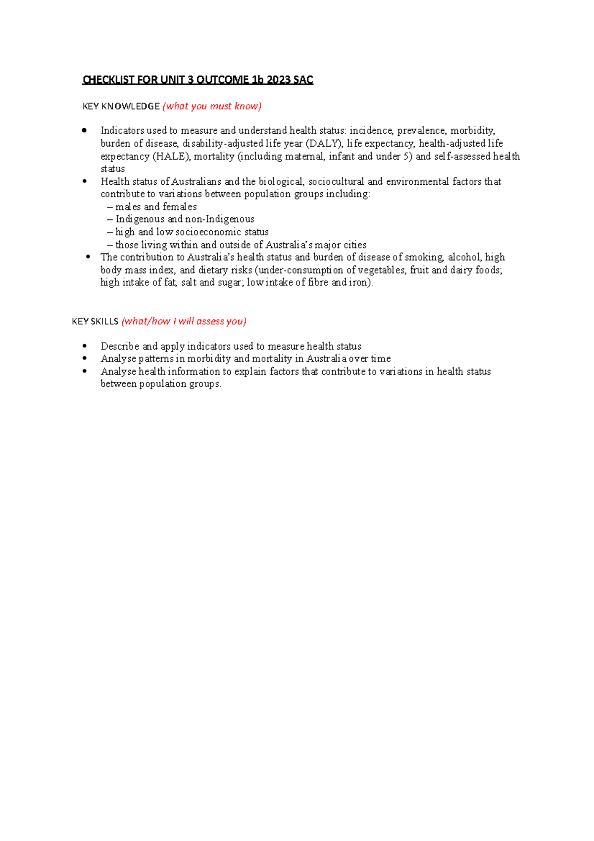 Checklist for Unit 3 Outcome 1b - 2023 SAC Health Measures - Studocu