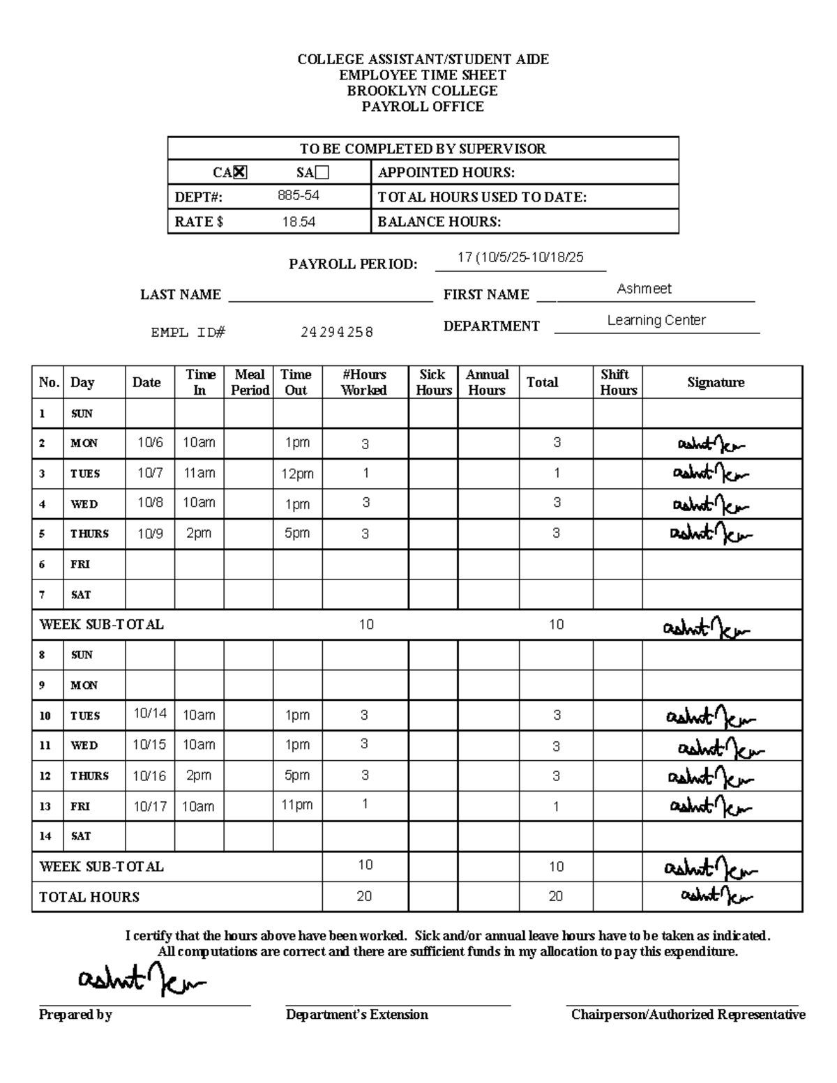 Timesheet for College Aide Employee - Payroll Period 17 - Studocu