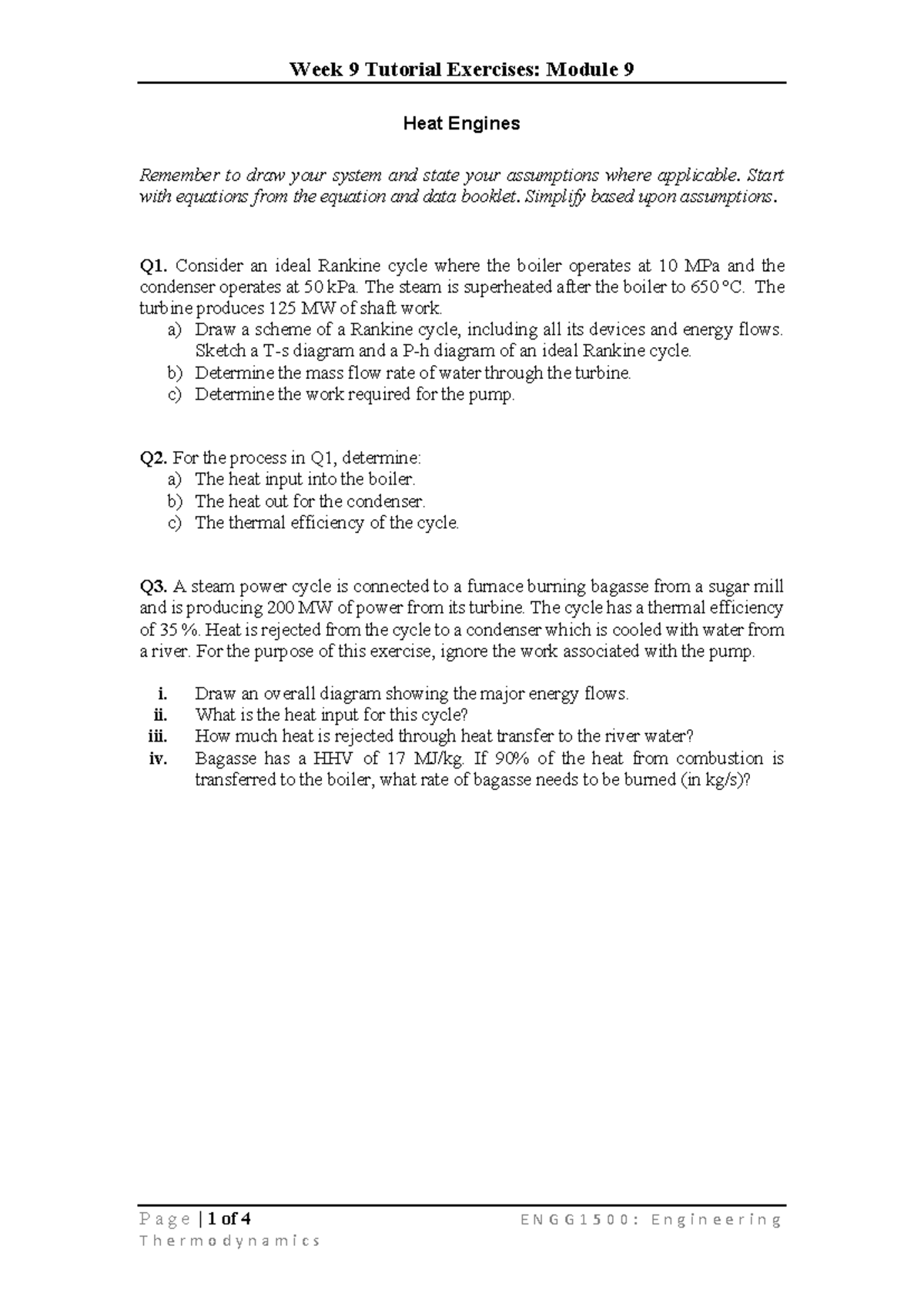 ENGG1500 Week 9 Tutorial: Heat Engines & Rankine Cycle Exercises - Studocu