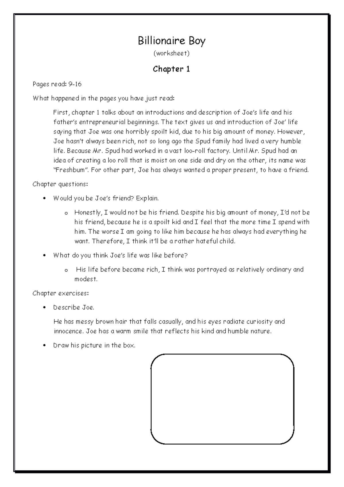 Billionaire Boy Worksheet: Insights from Chapters 1 to 5 - Studocu