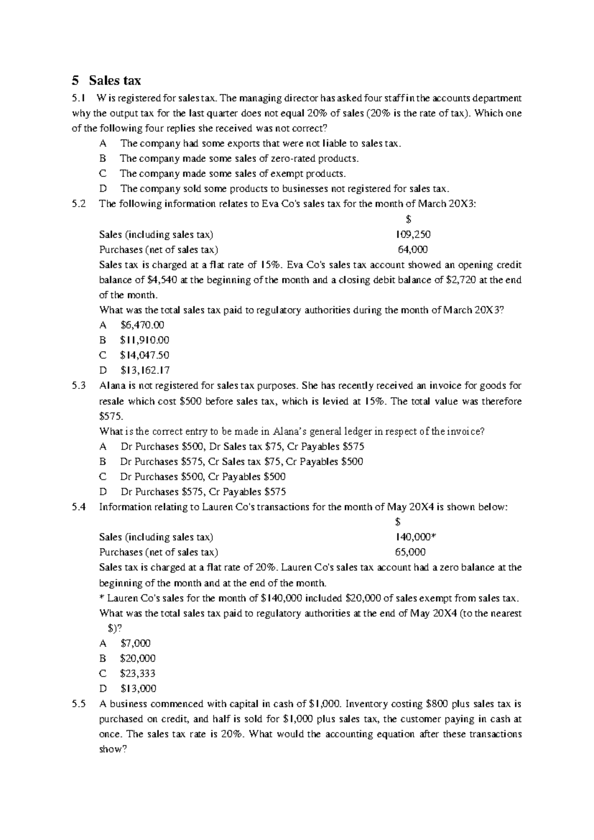 Sales Tax and Inventory Practice Questions for ACC 101 Exam Prep - Studocu