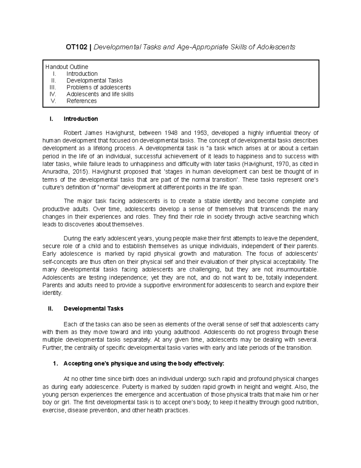 OT102 Developmental Tasks and Skills of Adolescents Handout - Studocu