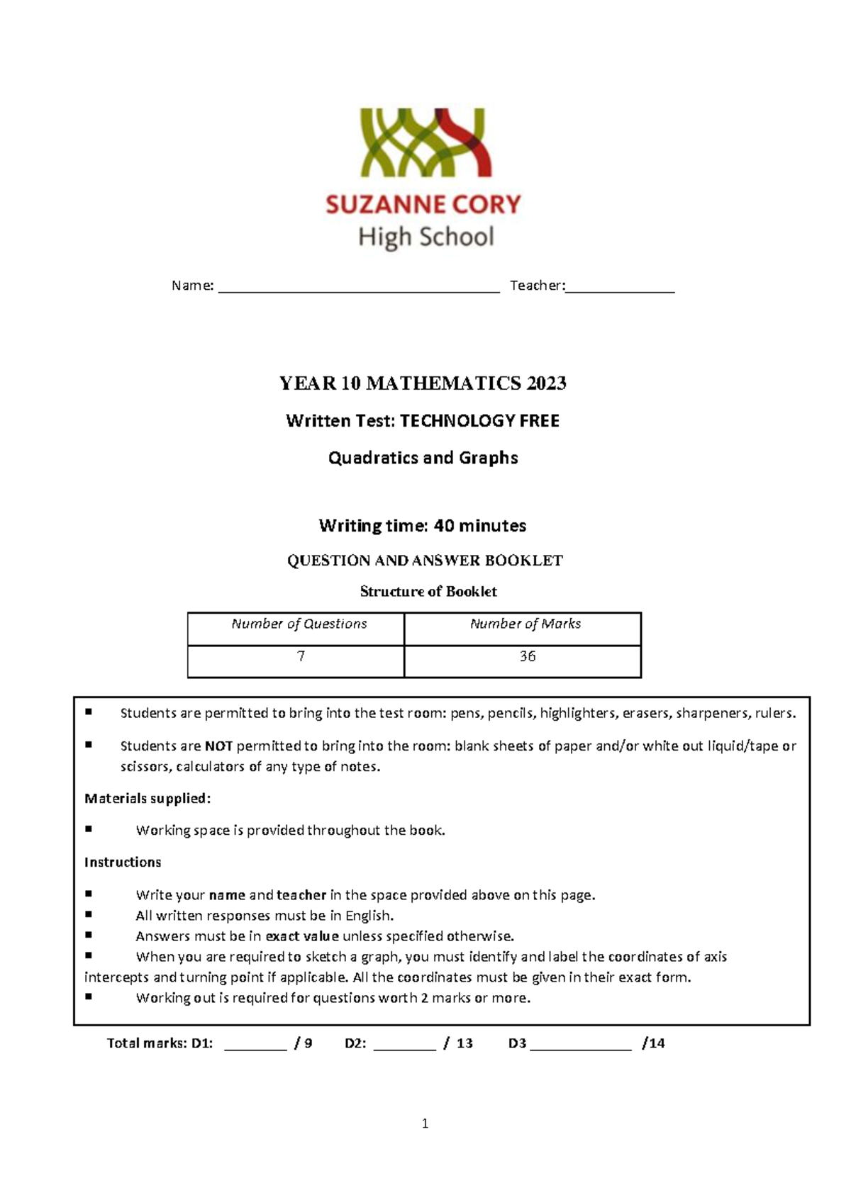 YEAR 10 MATHEMATICS 2023: Quadratics & Graphs Written Test - Studocu