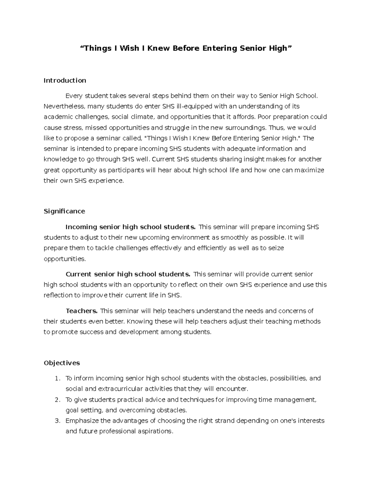 Things I Wish I Knew Before Entering SHS: Concept Paper Outline - Studocu
